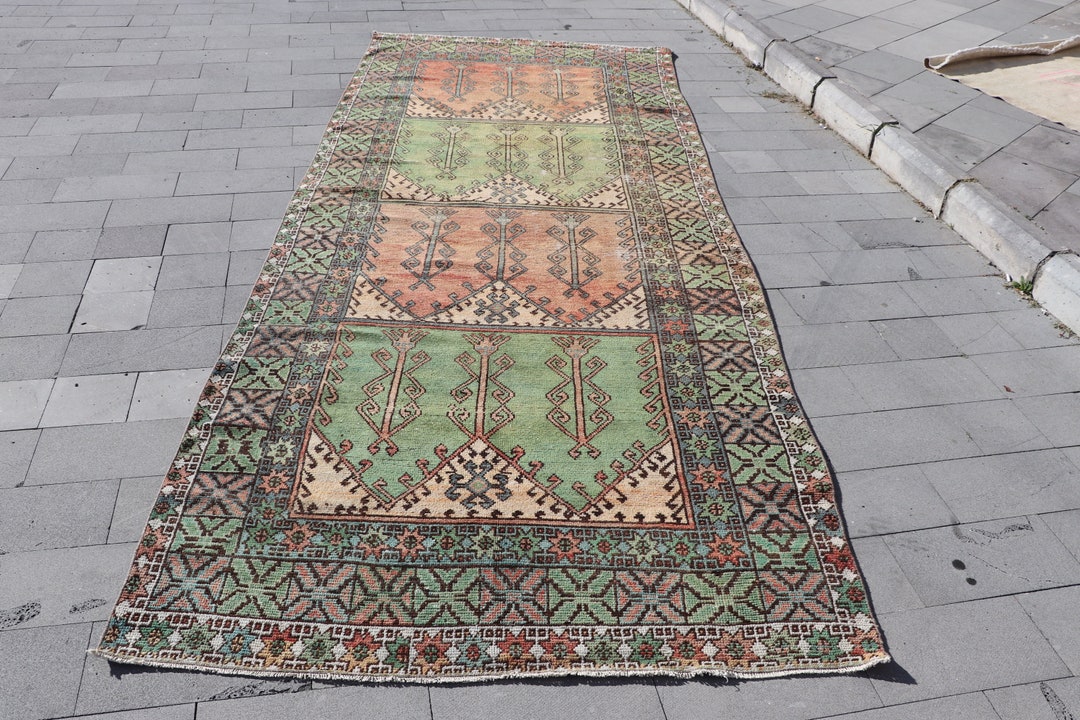 Green Rug, Rust Color Rug, Runner Rug, Vegetable Dyes Rug, Hallway Rug ...
