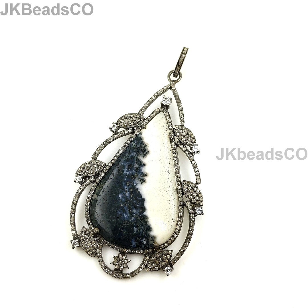 Beautiful Green Jasper Pendant with Pave Diamonds Silver | Etsy