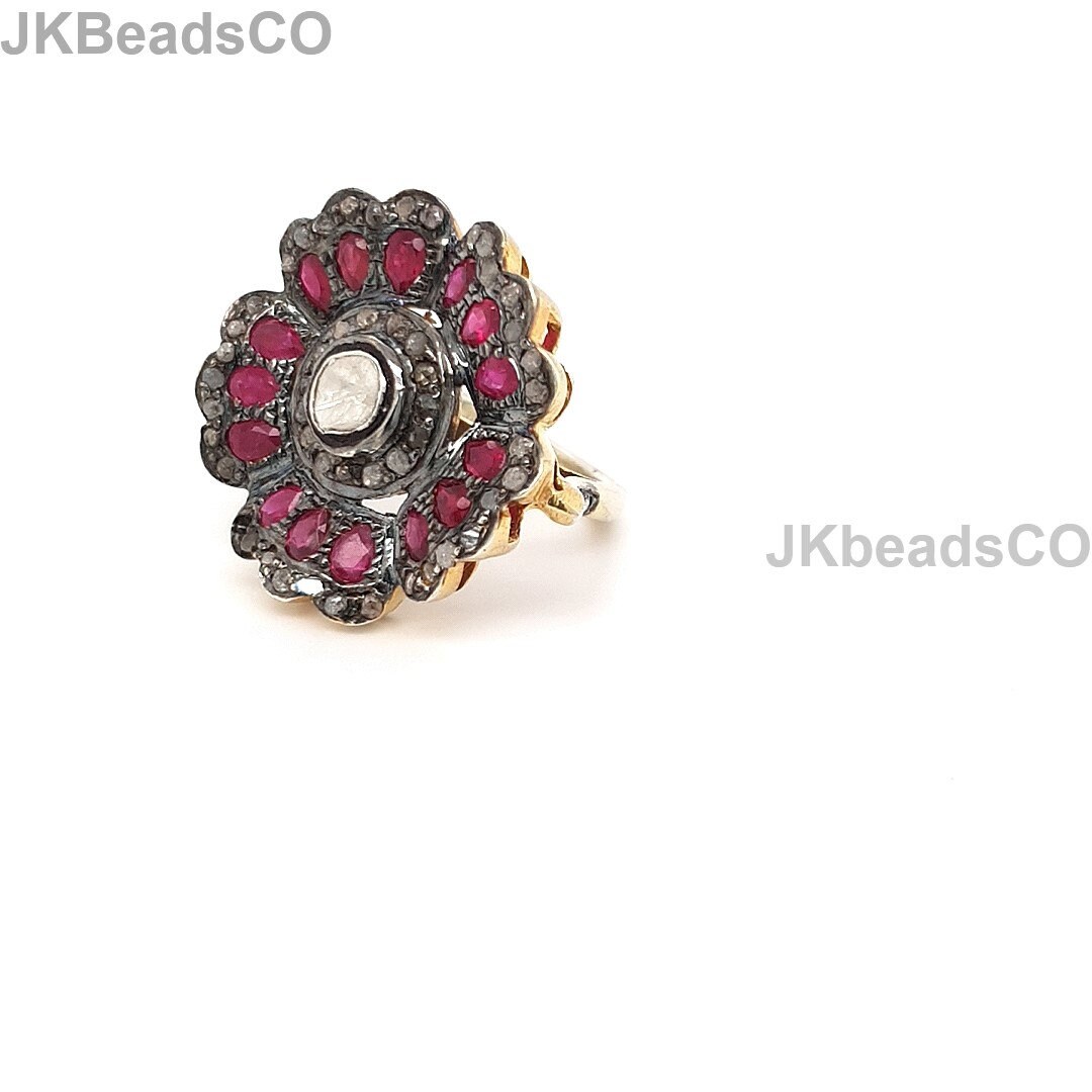 Pave Diamond Ring Ruby & Polki Sterling Silver 925 face Size: - Etsy