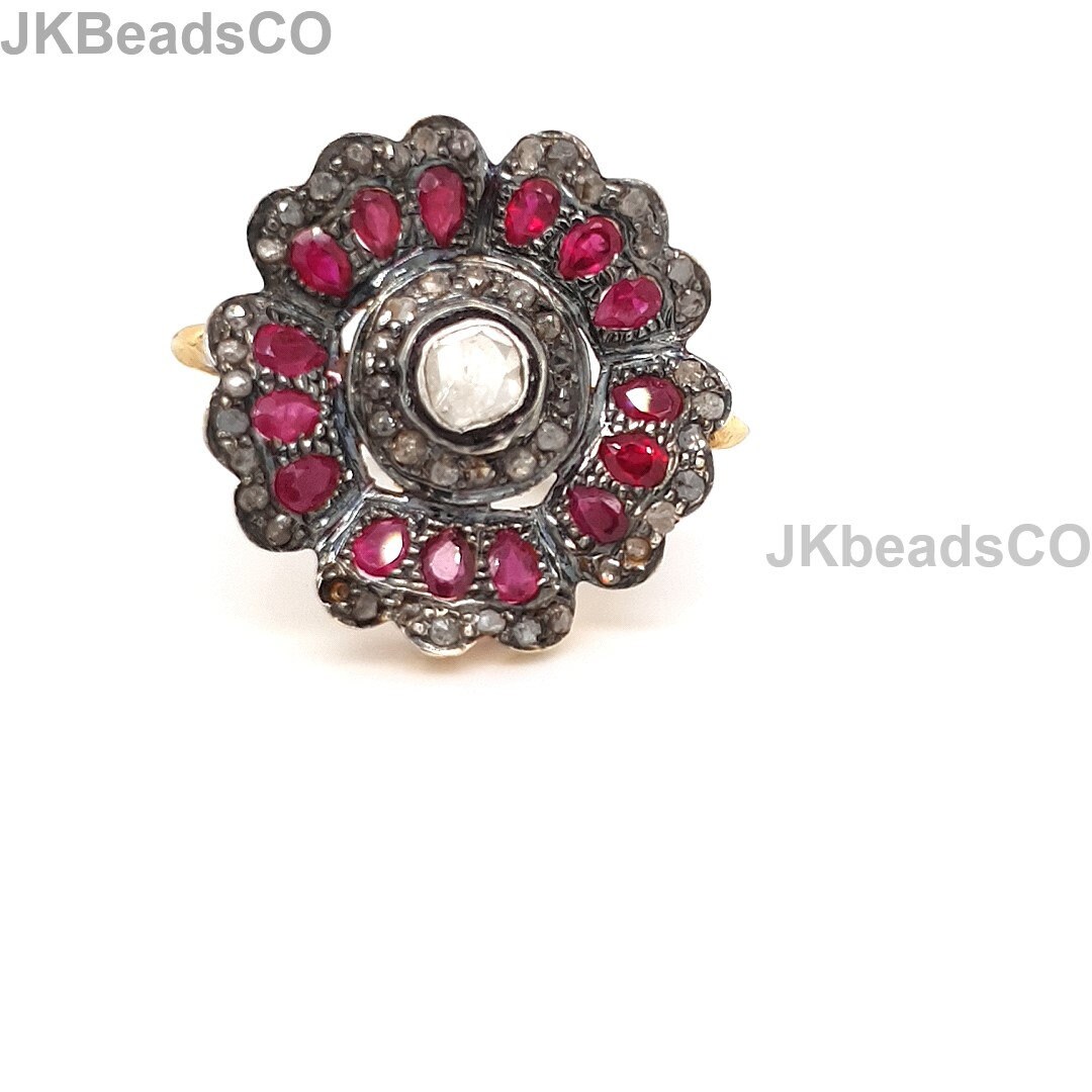 Pave Diamond Ring Ruby & Polki Sterling Silver 925 Face size: | Etsy