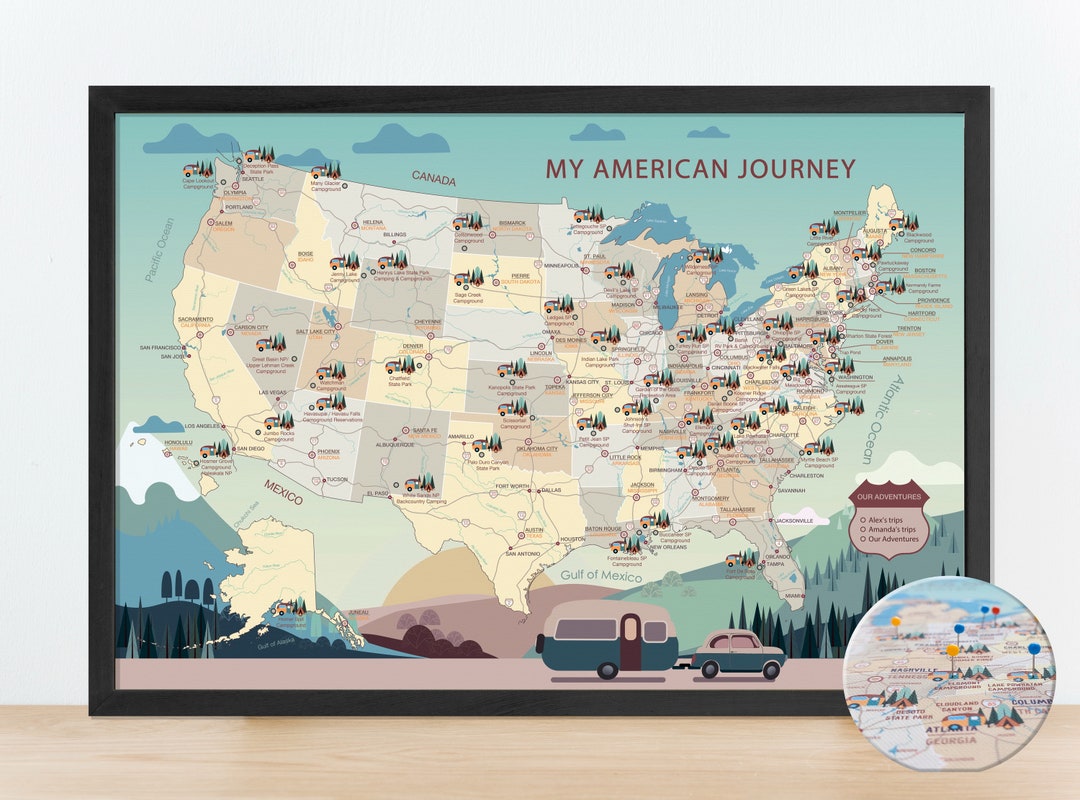 Camping Push Pin US Travel Map: Campsites Road Trip Tracker - Etsy