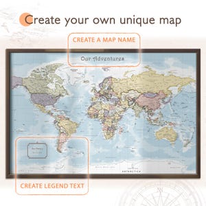 Canvas Push Pin World Map Detailed Wall Art and Pinnable Travel Tracker ...