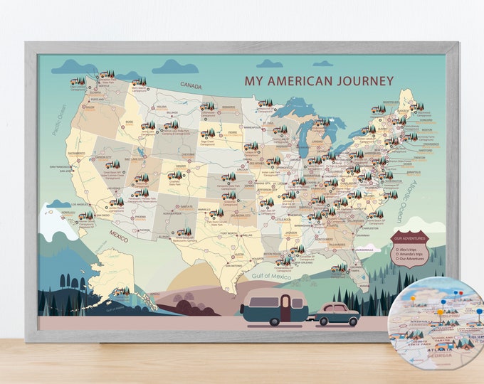 Camping Push Pin US Map | Camper Travel Map | Adventure Hiking Fishing ...