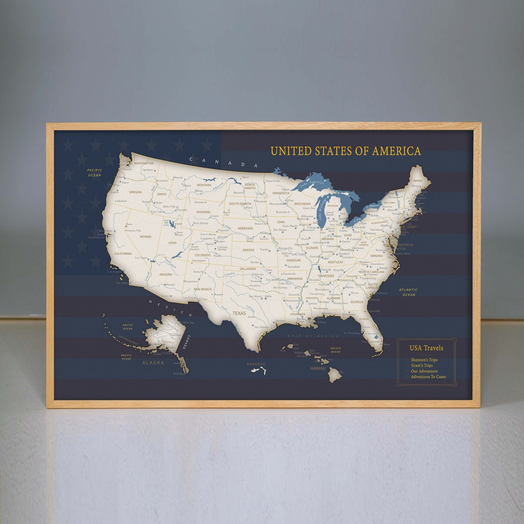 USA Travel Map US Push Pin Framed Map - Etsy