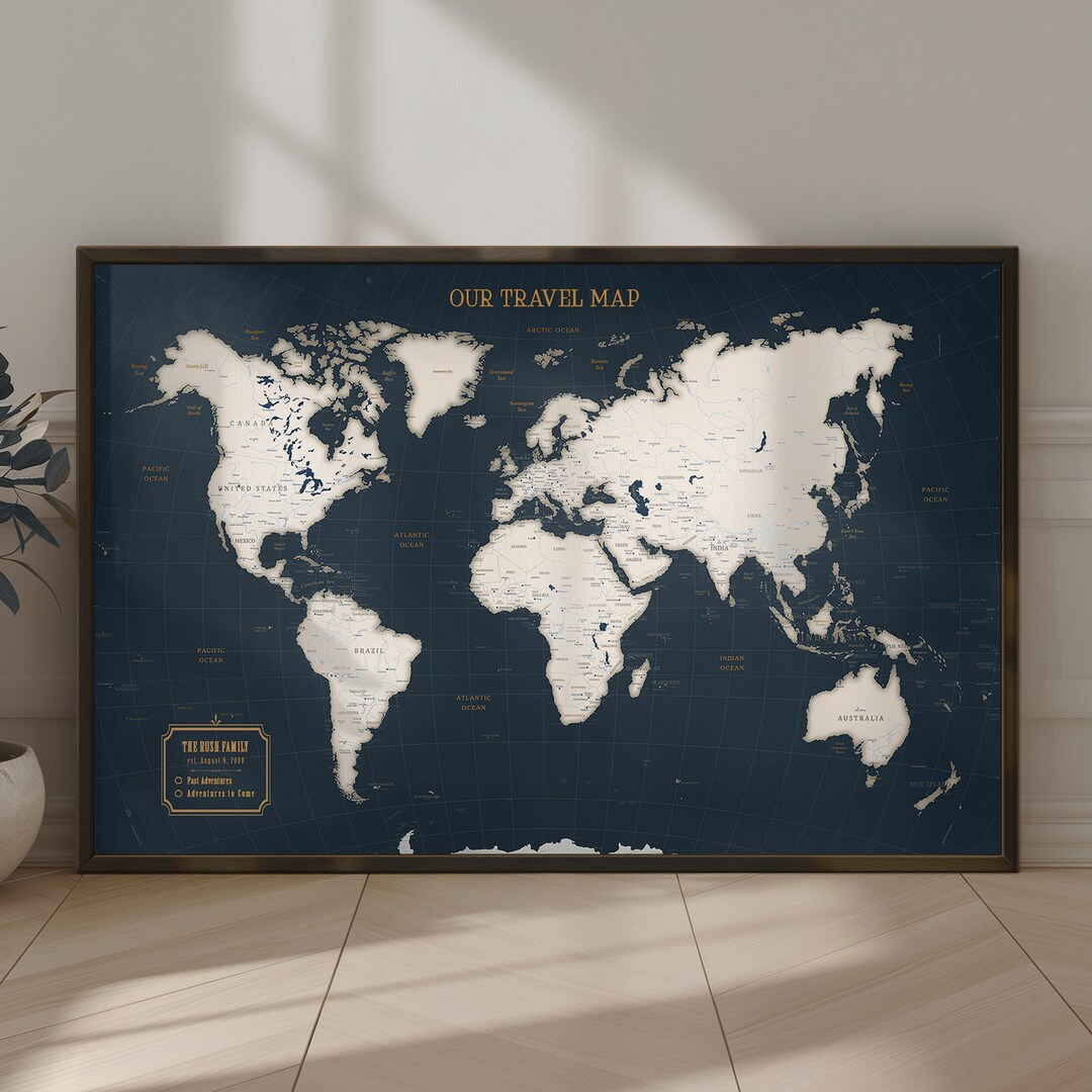 Chincheta con mapa del mundo, mapa de viajes por el mundo en lienzo ...