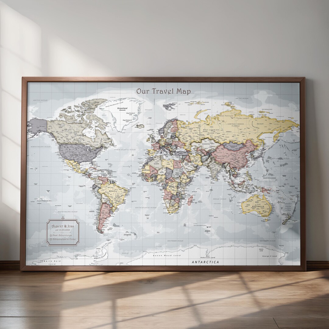 Push Pin World Map - Detailed Framed Map, Travel Decor Gift for Home ...