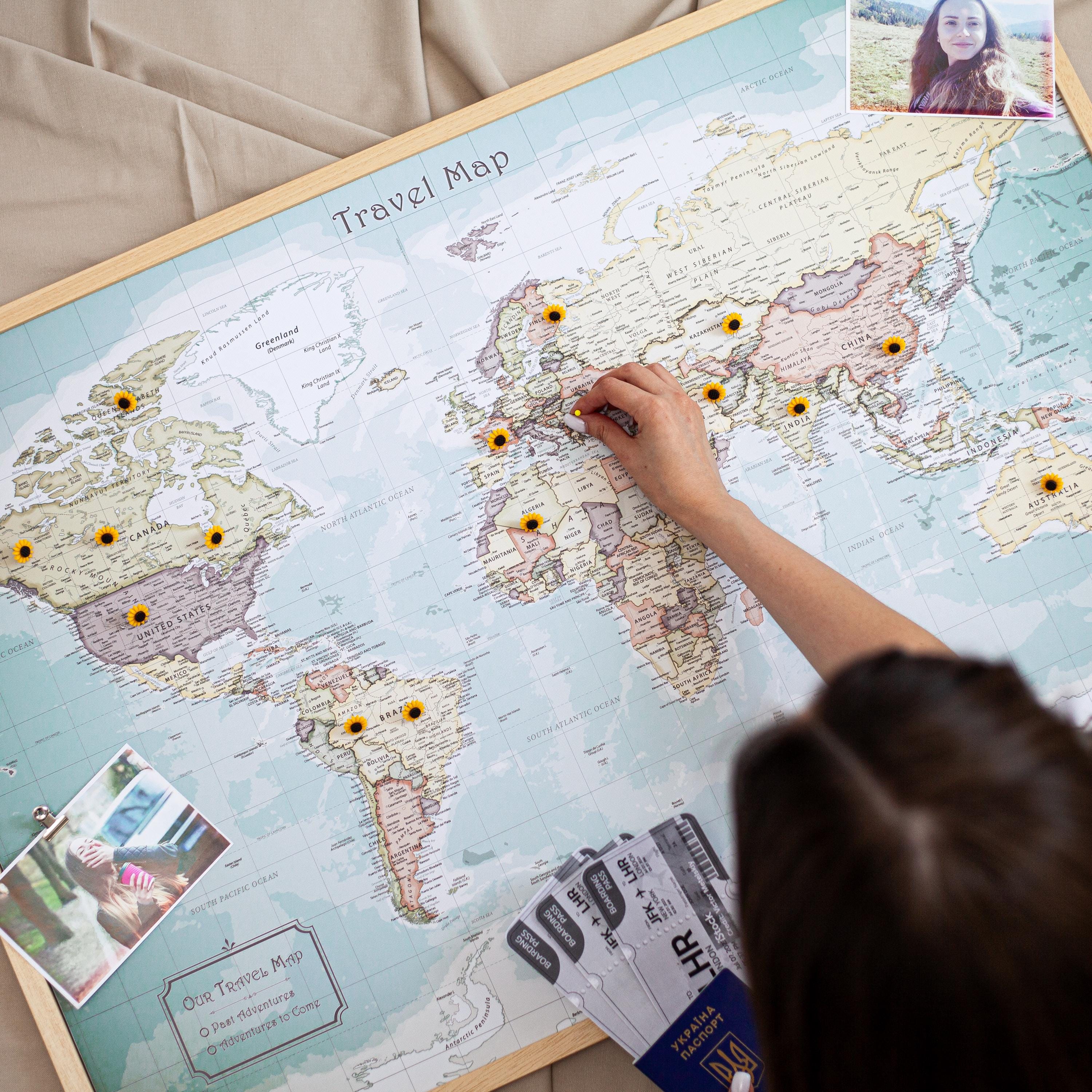 Push Pin World Map Travel Tracker - Map With Pins for Visited Places - Etsy