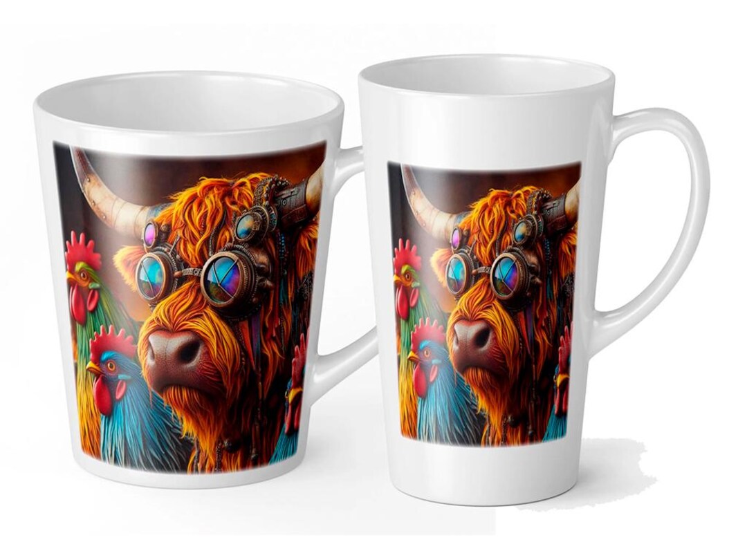 Steam Punk Highland Cow & Chickens Funny Latte Mug size Variation - Etsy