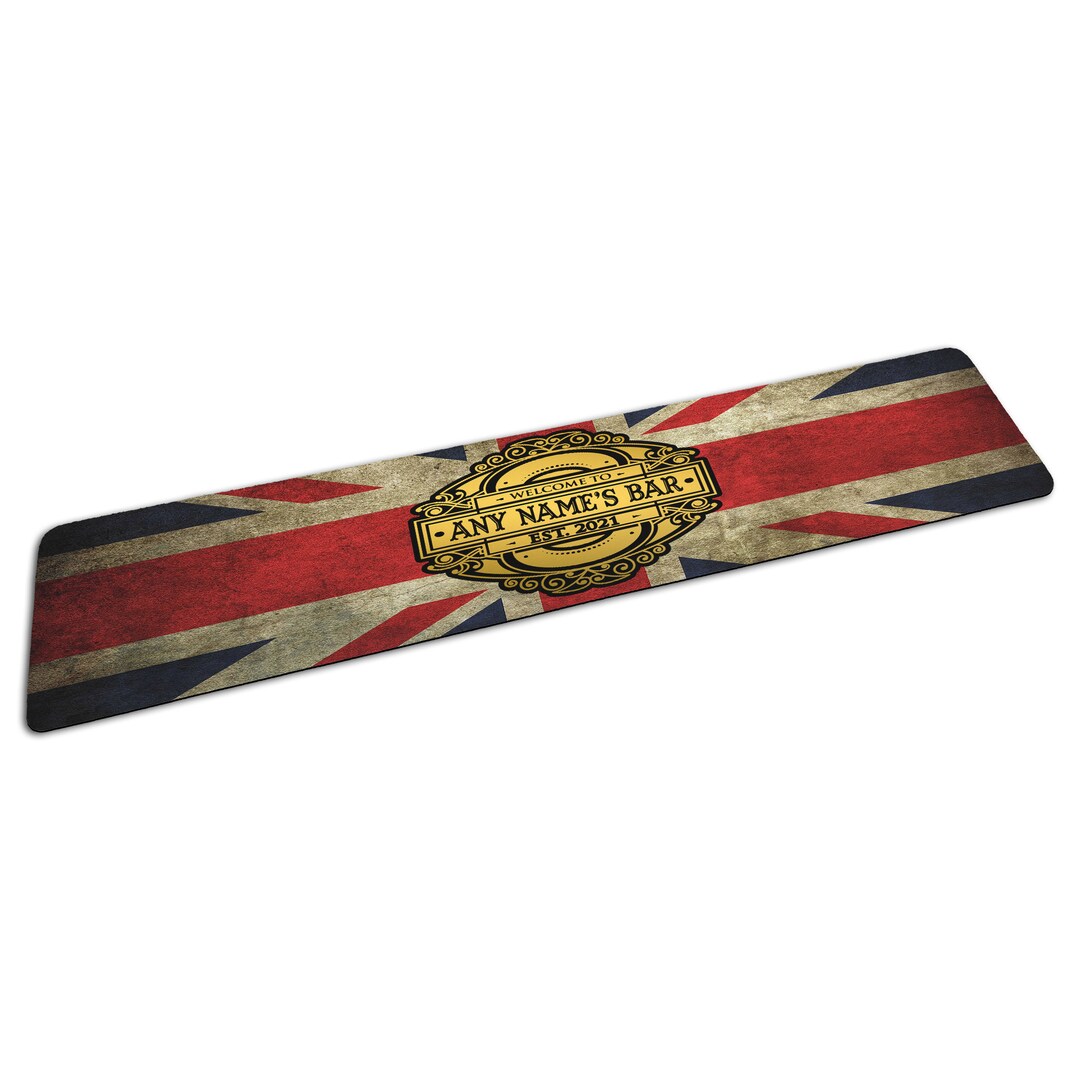 Personalised Union Jack Flag W/ Grunge Effect Rubber Bar Runner/bar Mat ...
