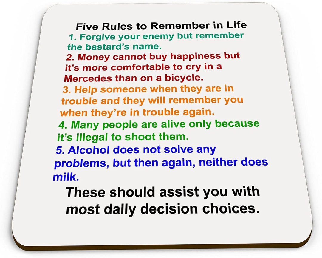 Five Rules to Remember in Life Funny Novelty Glossy Mug Coaster - Etsy UK