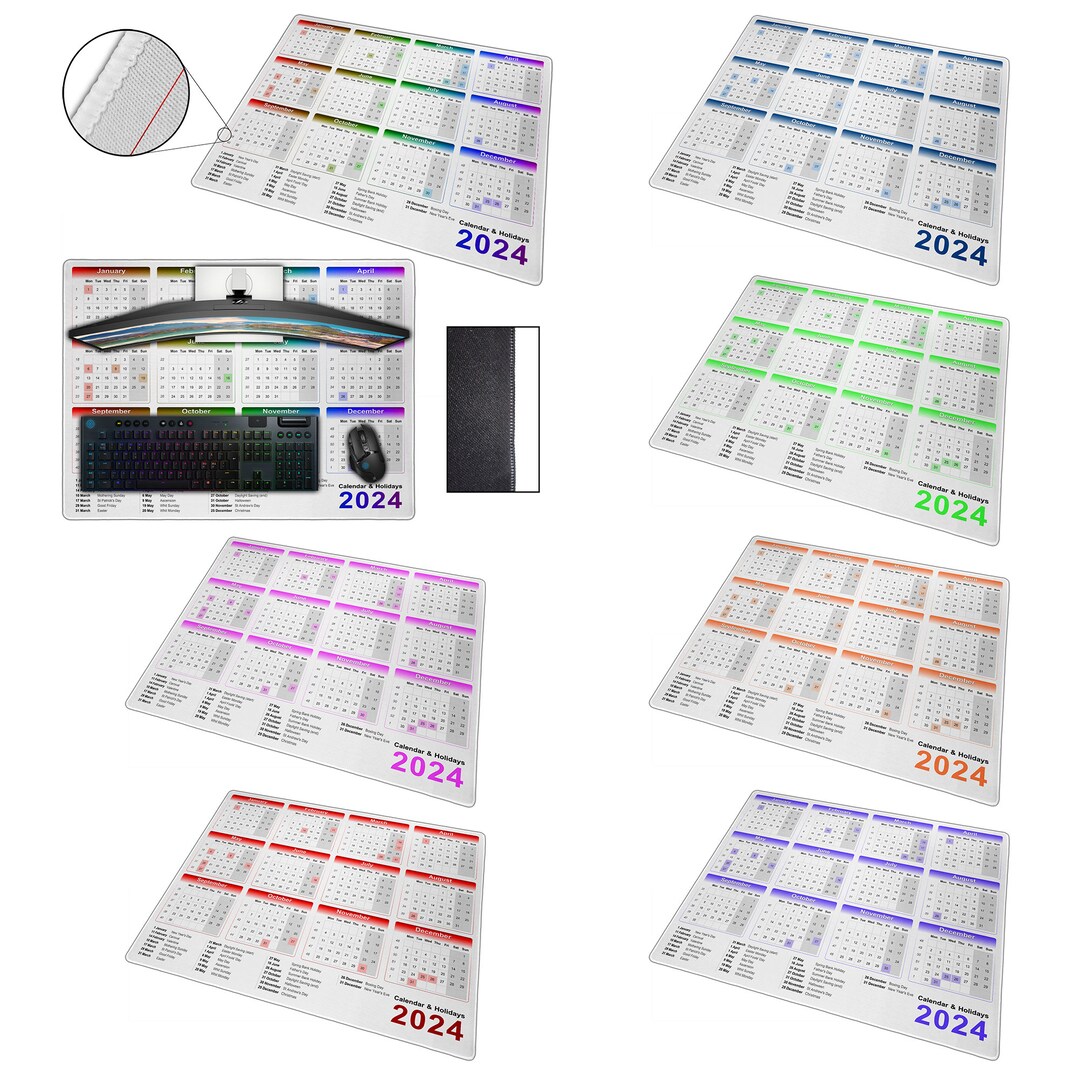 XL Calendar & Holidays 2024 Computer PC Gaming Mousemat With Stitched ...