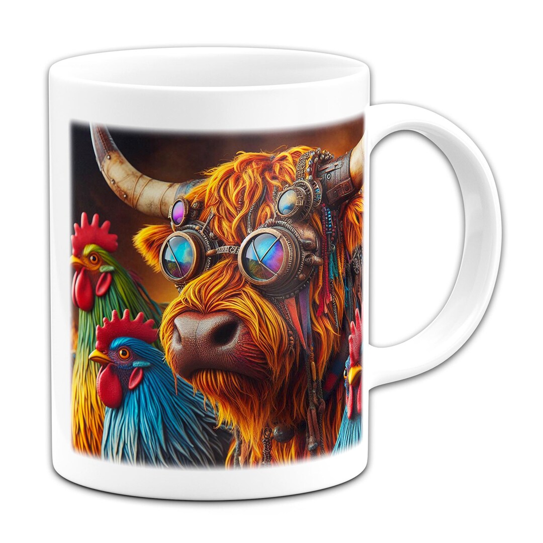 Steam Punk Highland Cow & Chickens Funny 11oz Ceramic Mug colour ...