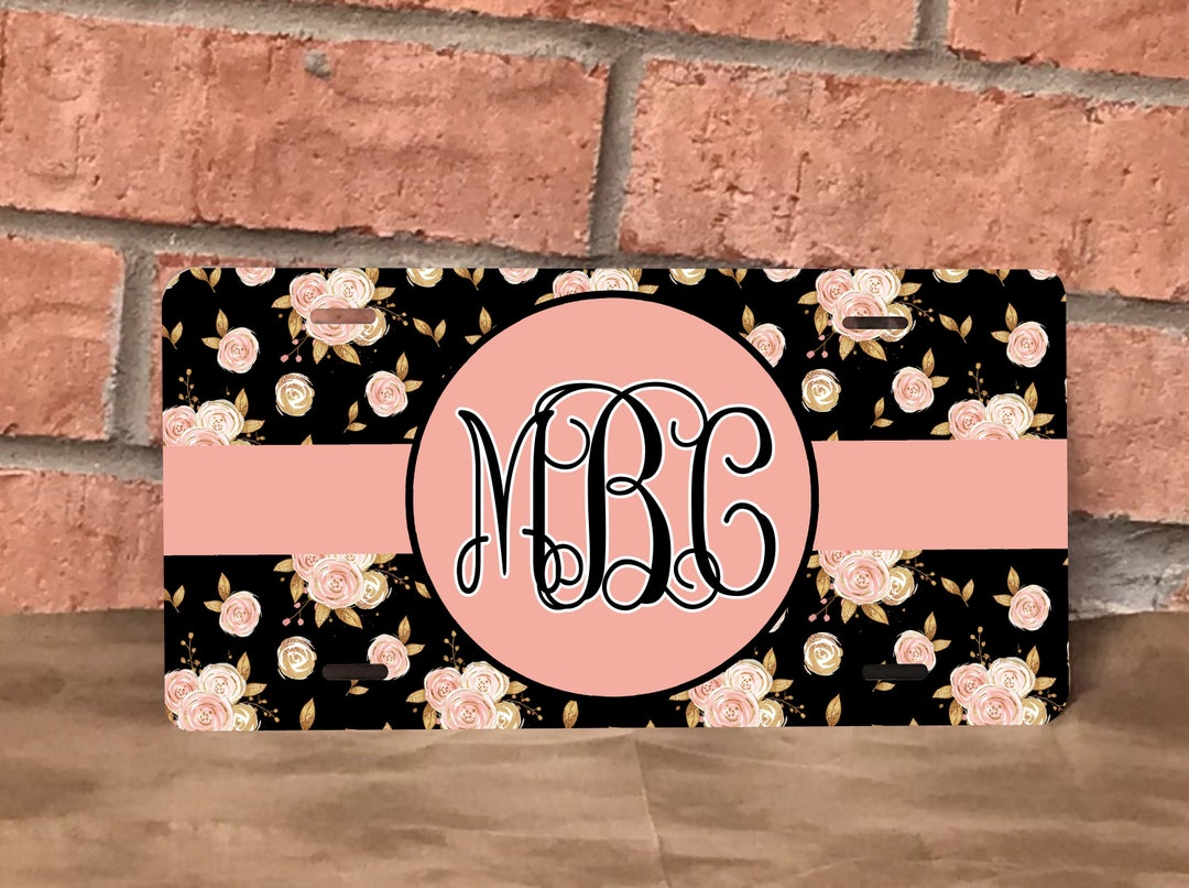 Black and Rose Gold Floral License Plate, Car Decor, Rose License Plate ...