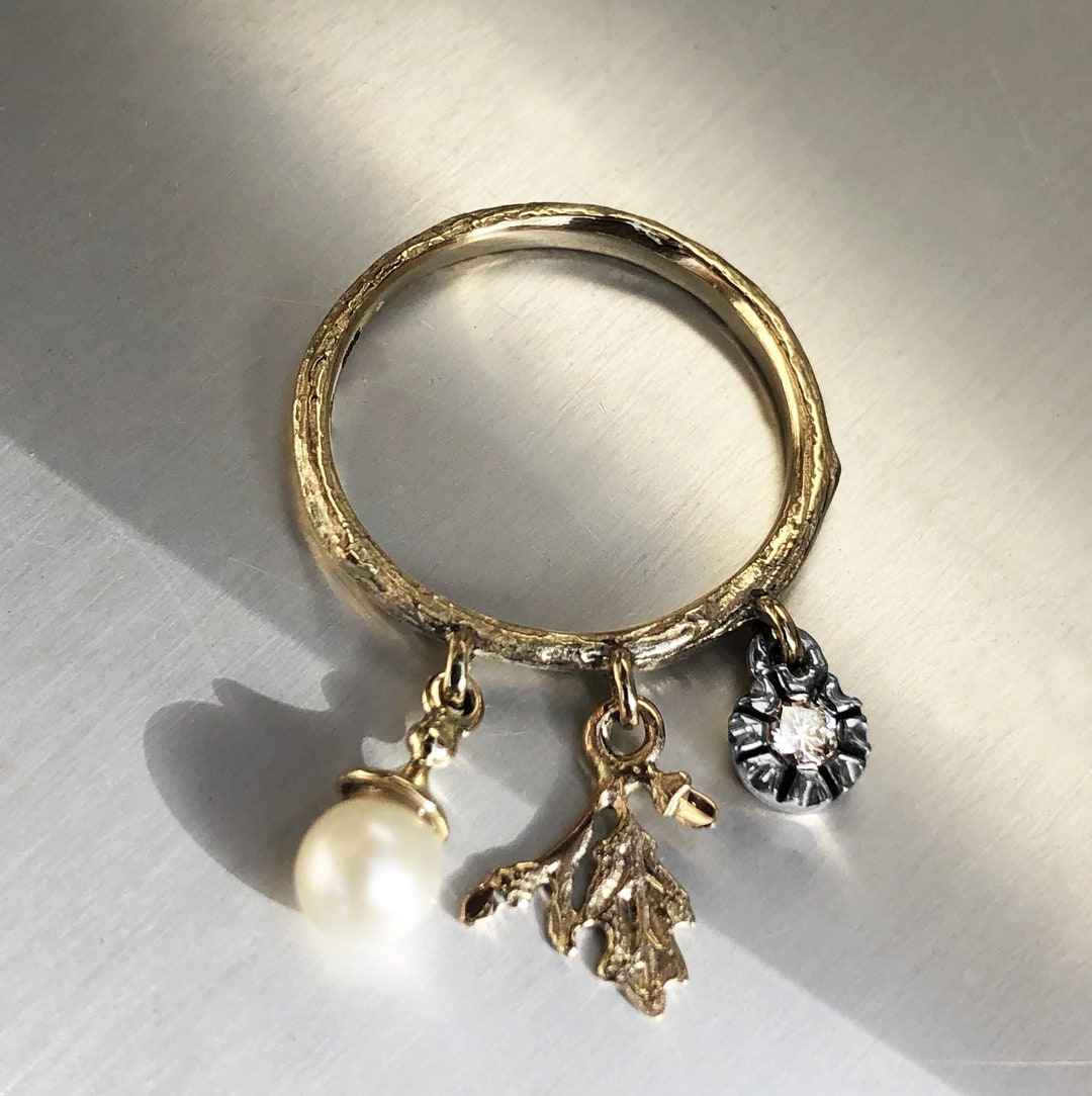 Elves Charm Ring in Gold; Leaf Charm Ring; Pearl Ring in Gold; Diamond ...