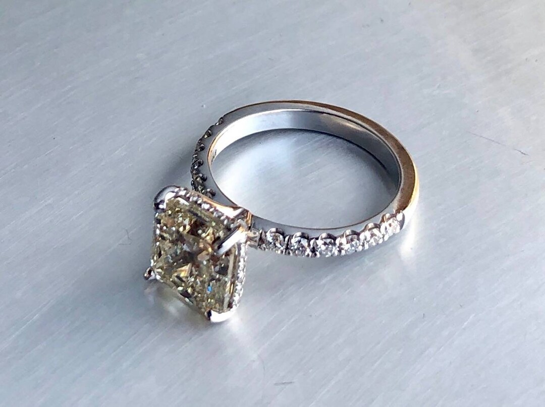 3ct Natural Diamond Engagent Ring, Radiant Diamond 3 Ct Ring, Pave Band ...