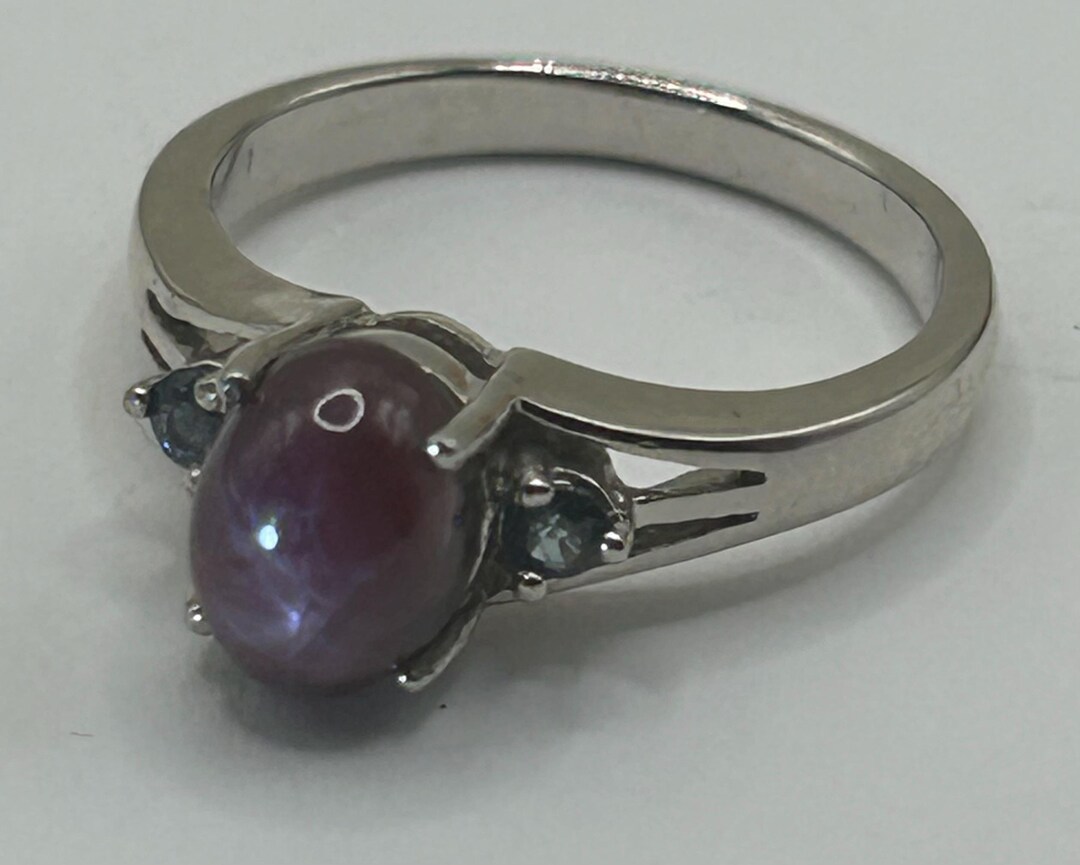 Red Star Sapphire Ring With Two Blue Sapphire Accents Sterling Silver ...