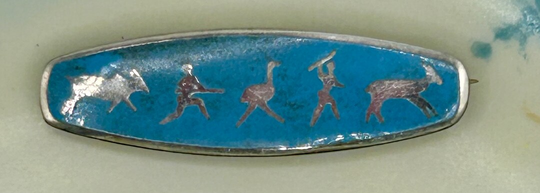 Sterling Silver Enamel Brooch Pin, Primitive Prehistoric Hunters ...