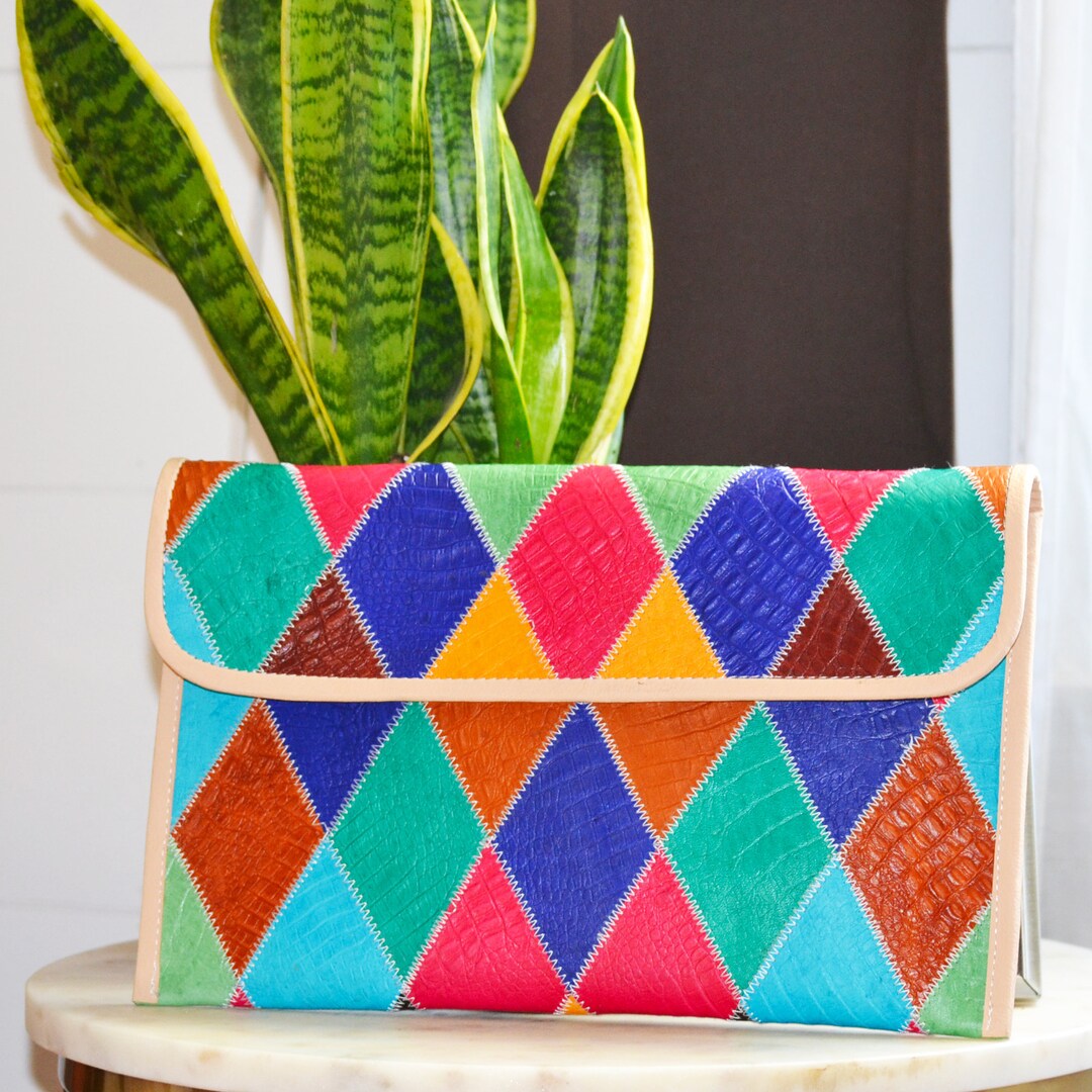 Leather Handbag With Colorful Diamond Pattern - Etsy