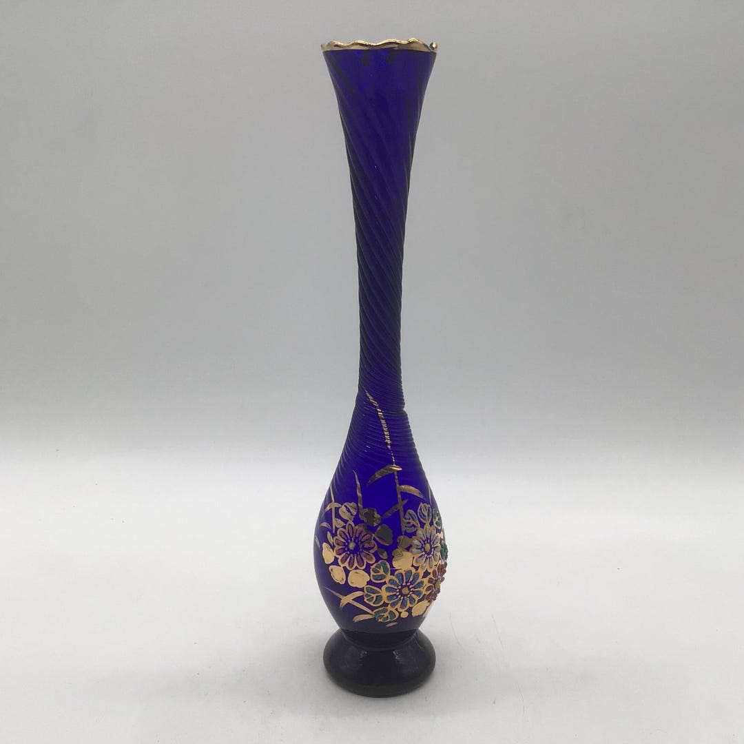 Vintage Cobalt Blue and Gold Glass Bud Vase - Etsy