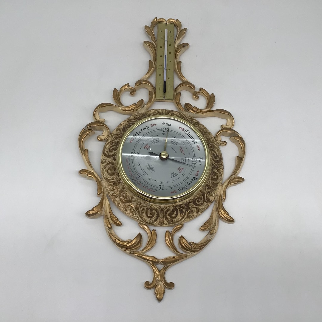 Vintage Gold Painted Wall Mounted Barometer and Thermometer, Weather ...