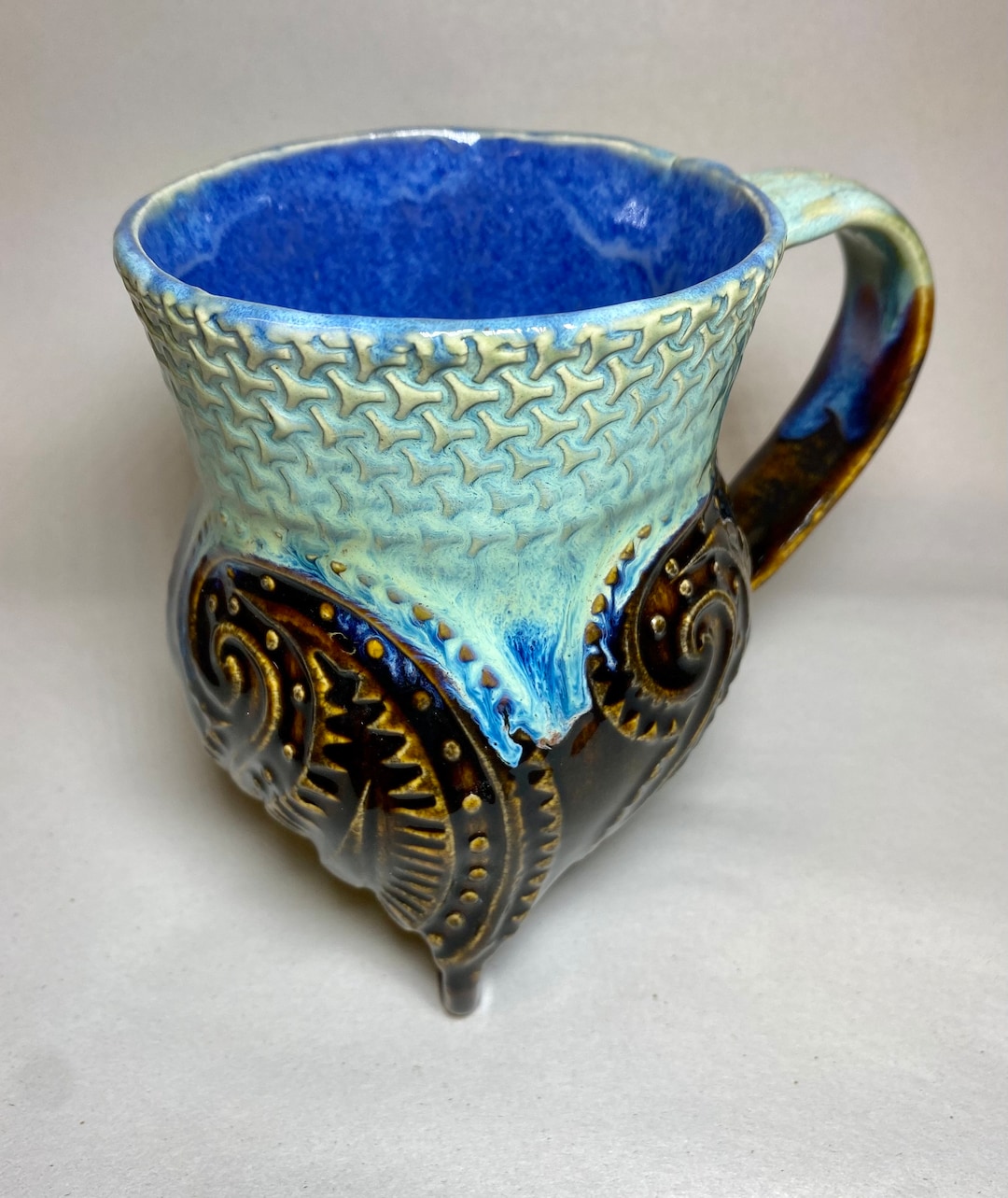 18 Oz Mug, Extra Large Mug, Geometric, Paisley, Tripod Mug, Blue Mug ...