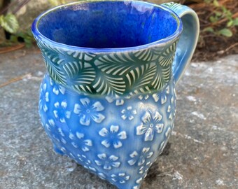 Blue & Yellow Tripod Mug With a Flower Pattern, 12 Oz Ceramic Cup, Hand ...
