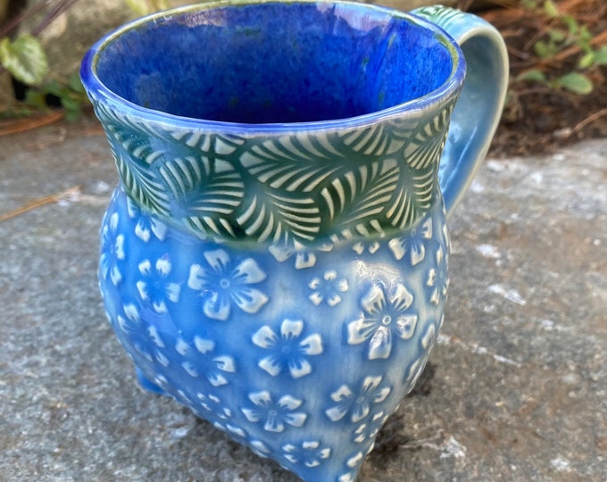 Blue & Yellow Tripod Mug With a Flower Pattern, 12 Oz Ceramic Cup, Hand ...