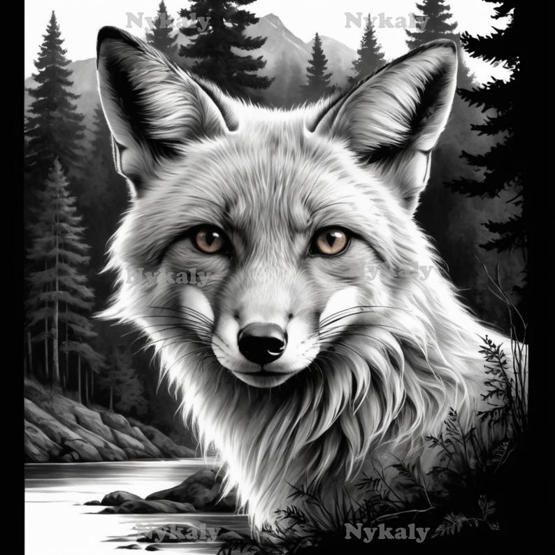 Realistic Black and White Fox Head Portrait With Forest and Mountains ...