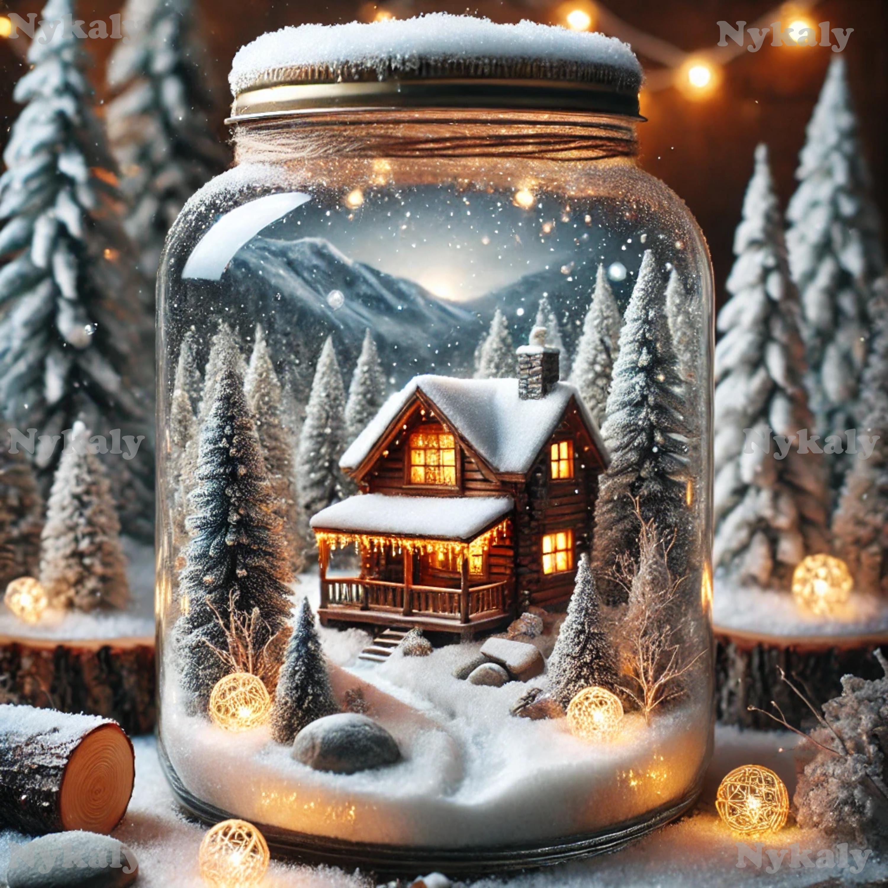Image With a Winter Scene in a Glass Jar, With a Decorated Cabin and a ...