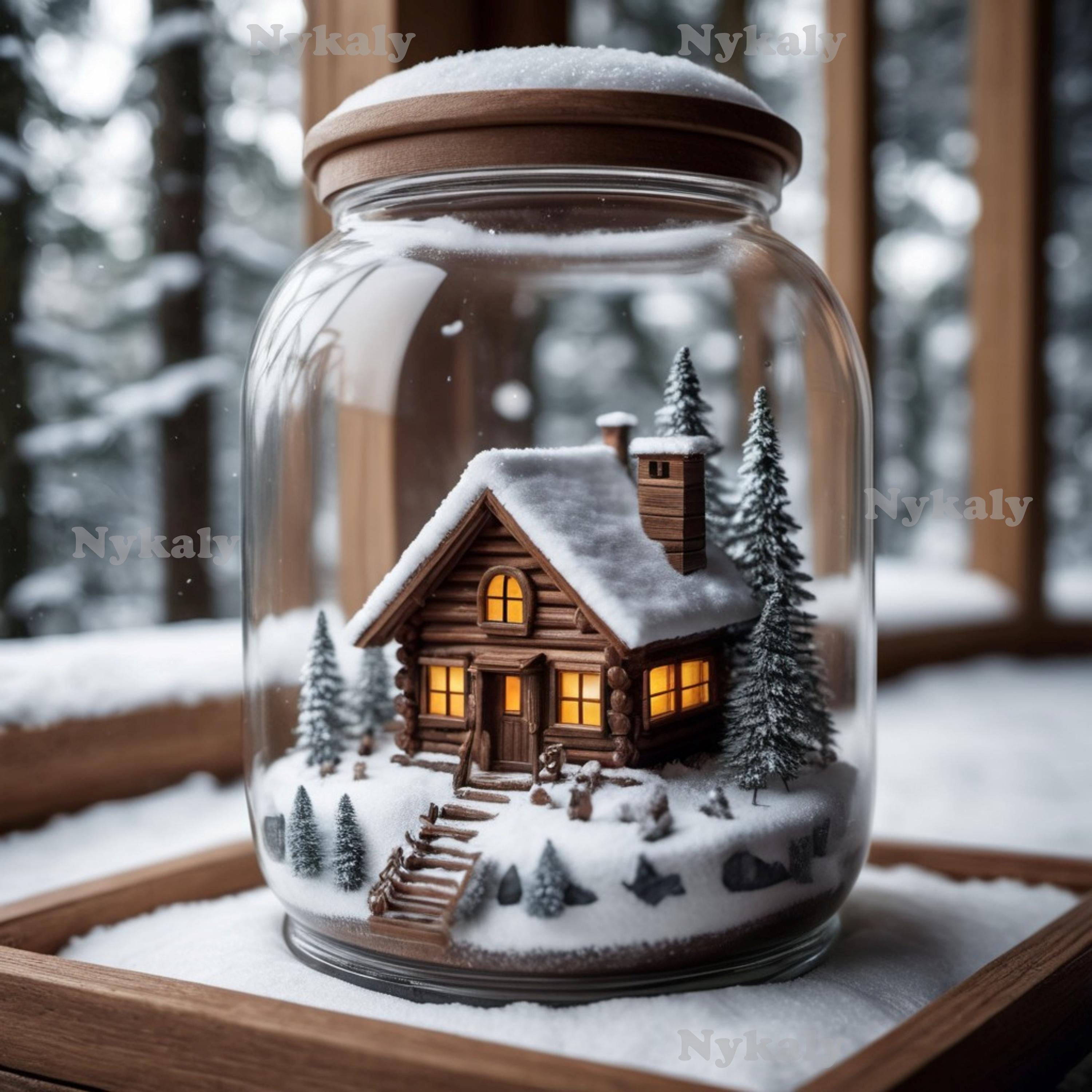 Image of Cabin in a Snowy Winter Forest Inside a Jar. 16 High Quality ...