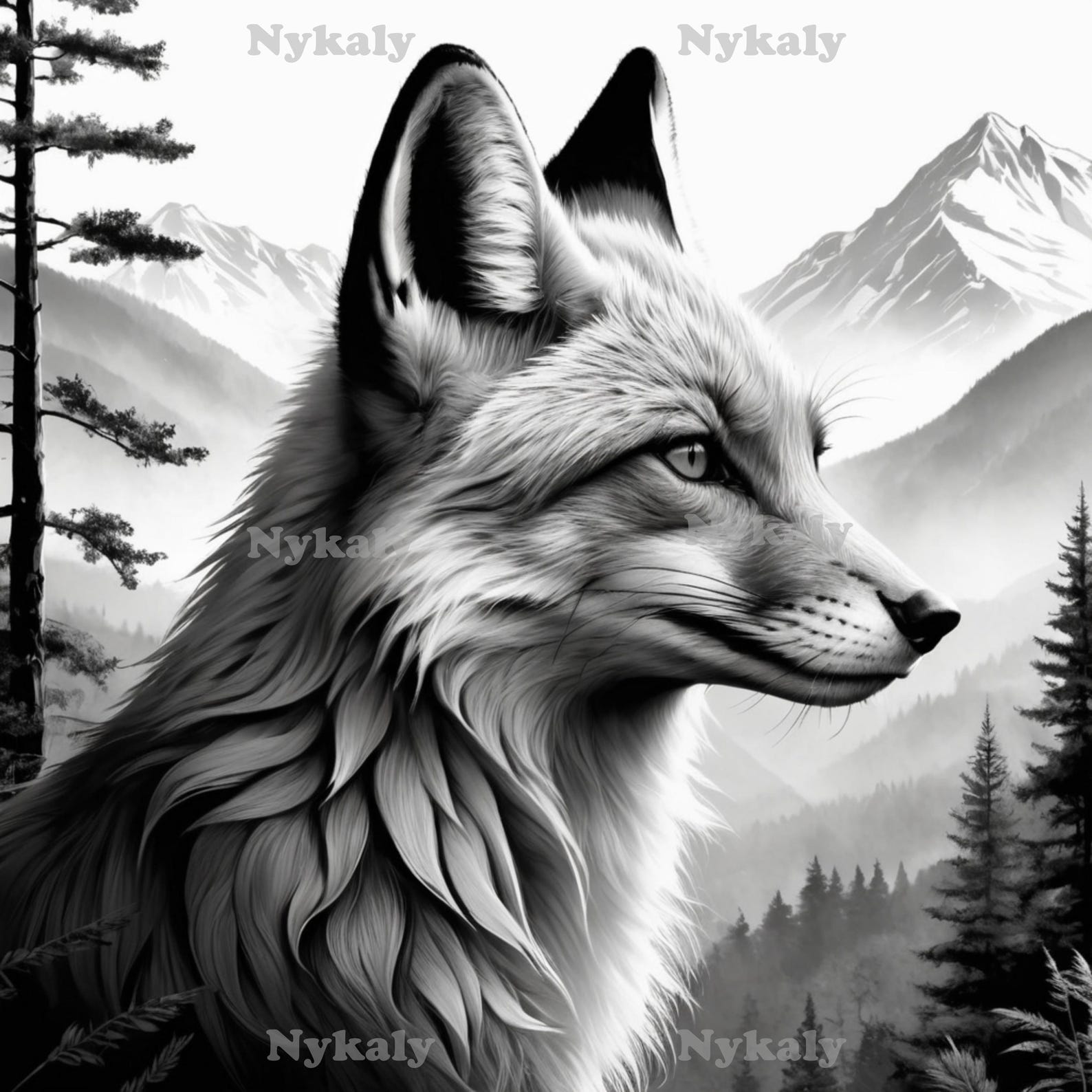 Realistic Black and White Fox Head Portrait With Forest and Mountains ...