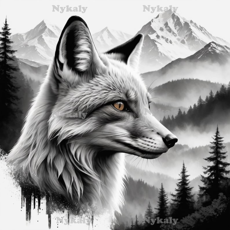 Realistic Black and White Fox Head Portrait With Forest and Mountains ...