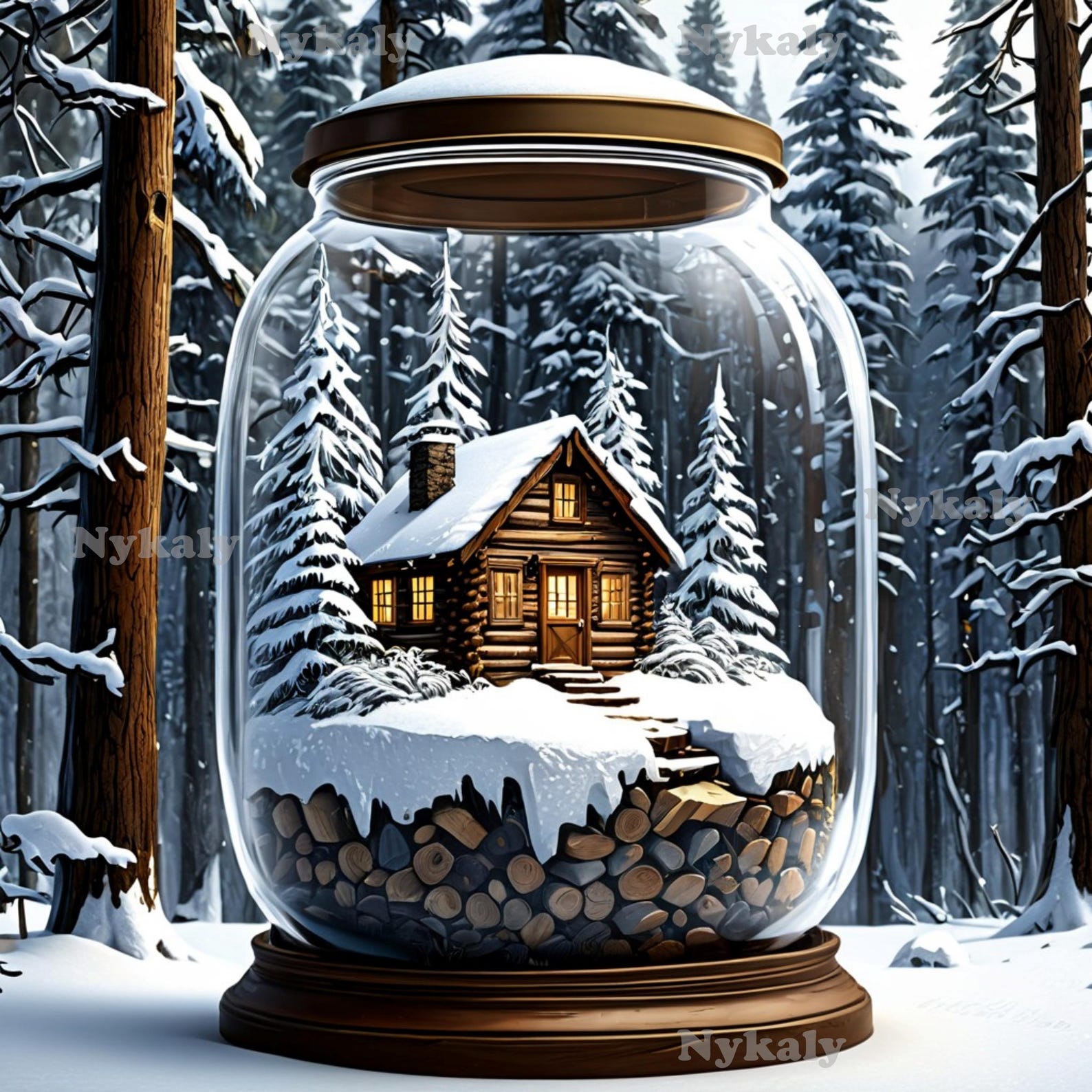 Image of Cabin in a Snowy Winter Forest Inside a Jar. 16 High Quality ...