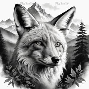 Realistic Black and White Fox Head Portrait With Forest and Mountains ...