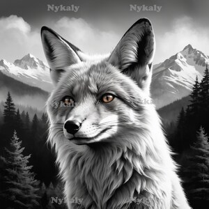 Realistic Black and White Fox Head Portrait With Forest and Mountains ...