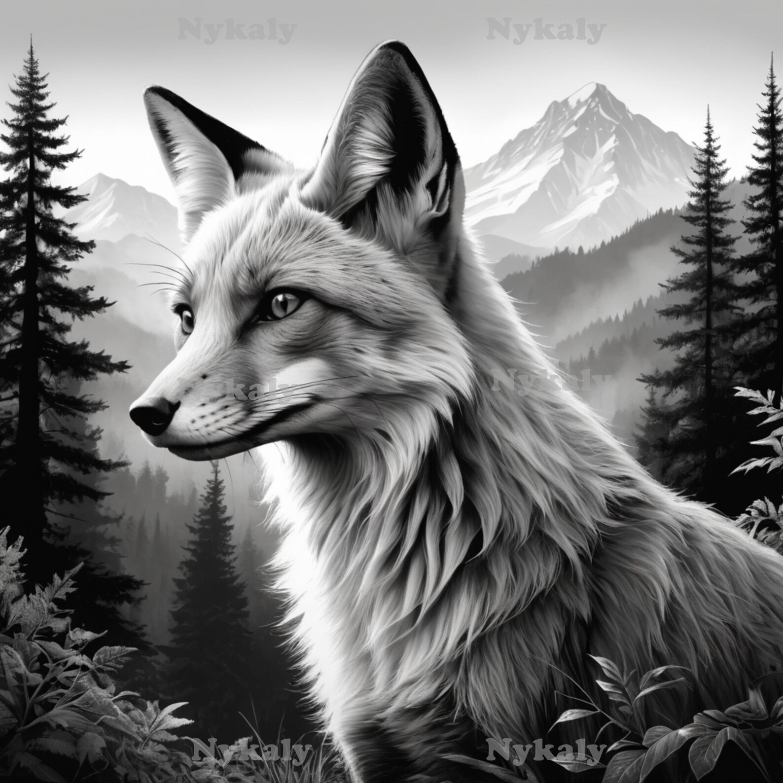 Realistic Black and White Fox Head Portrait With Forest and Mountains ...