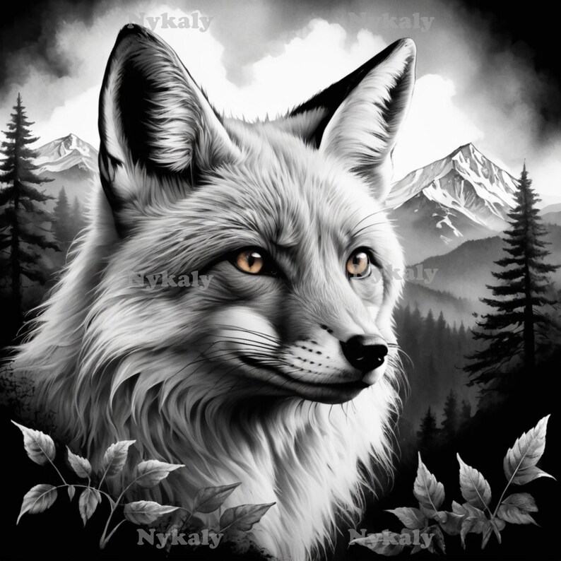 Realistic Black and White Fox Head Portrait With Forest and Mountains ...