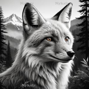 Realistic Black and White Fox Head Portrait With Forest and Mountains ...