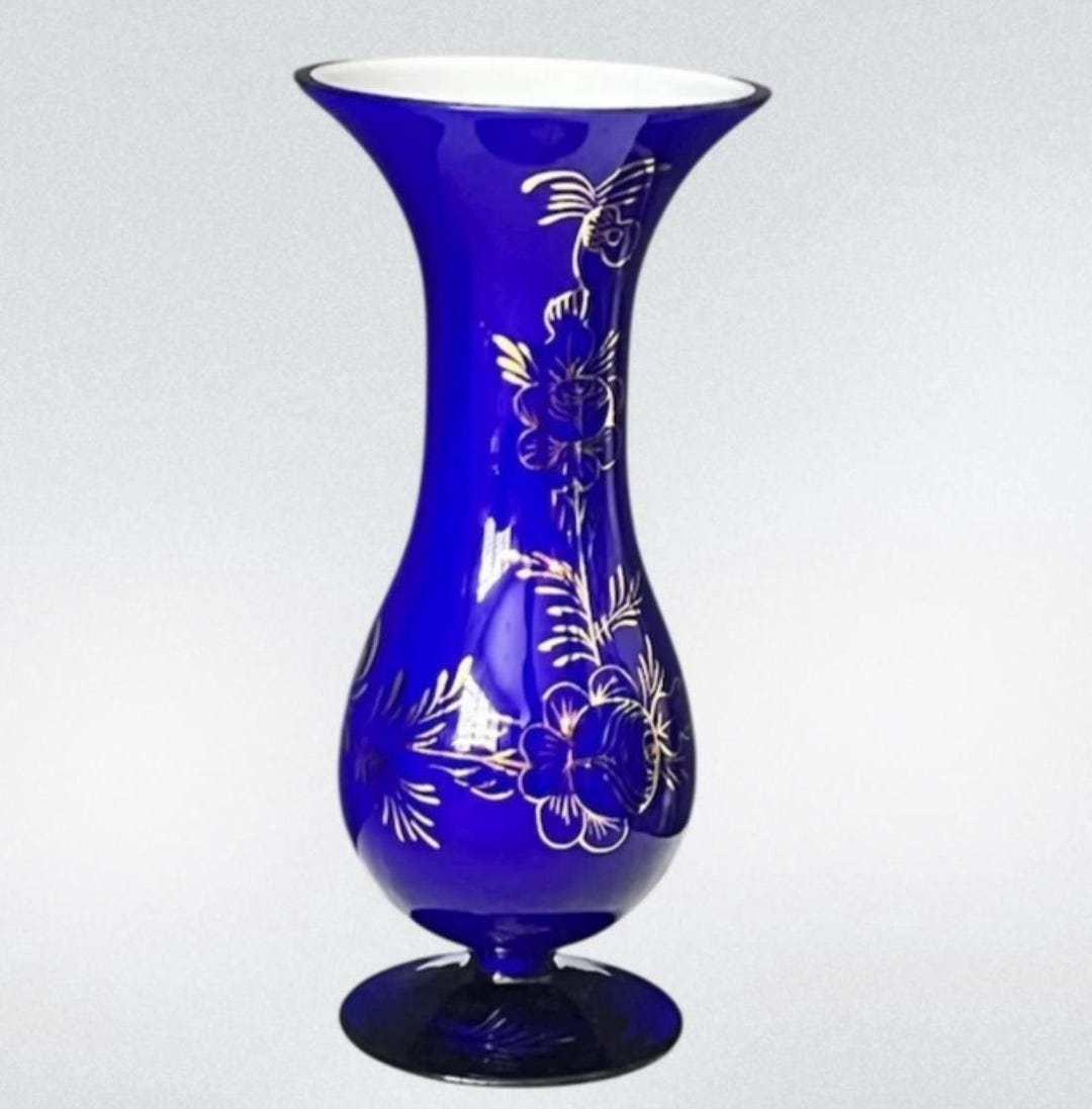 Stunning Turkish Cobalt Blue Vase Cased White Glass Hand Painted Gold ...