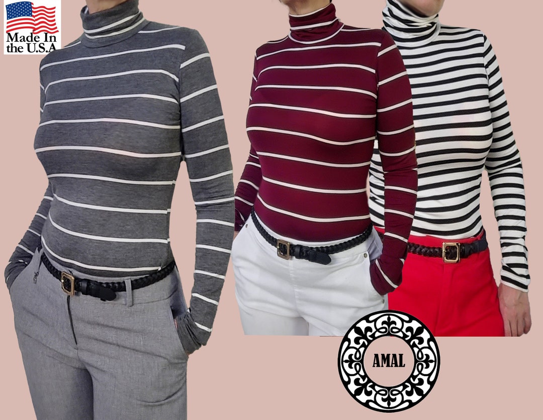 AMAL Muslim. Women's Basic Striped Turtleneck. Long Sleeve. Cotton. USA ...