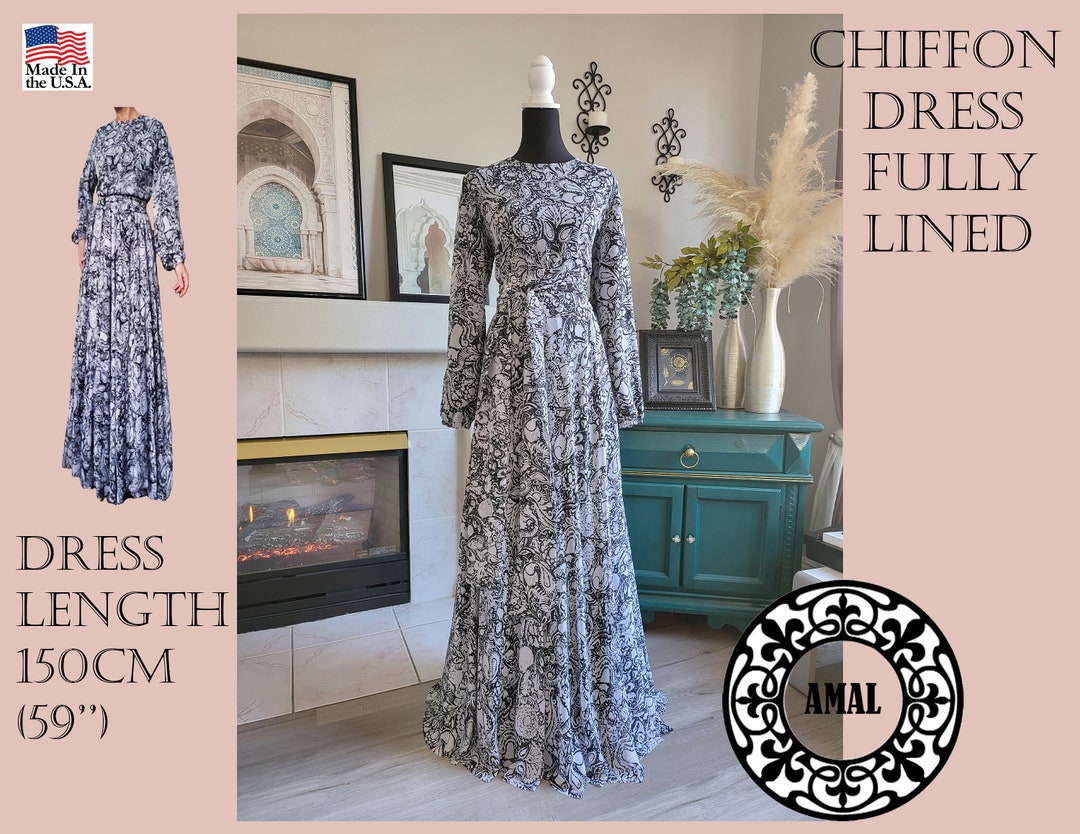 AMAL MUSLIM. Long Chiffon Dress Fully Lined. Black and White Floral ...