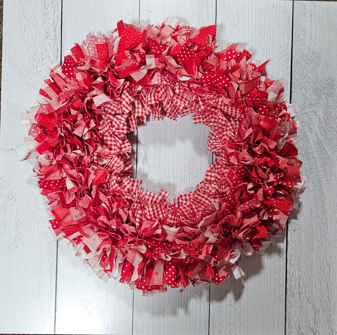 Red & White Plaid Gingham Polka Dots Rag Wreath, Kitchen Accent, Mantel ...
