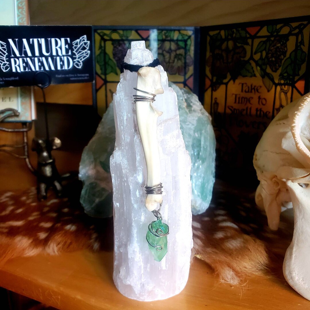 Real Bone Necklace Pendant With Green Crystal - Etsy