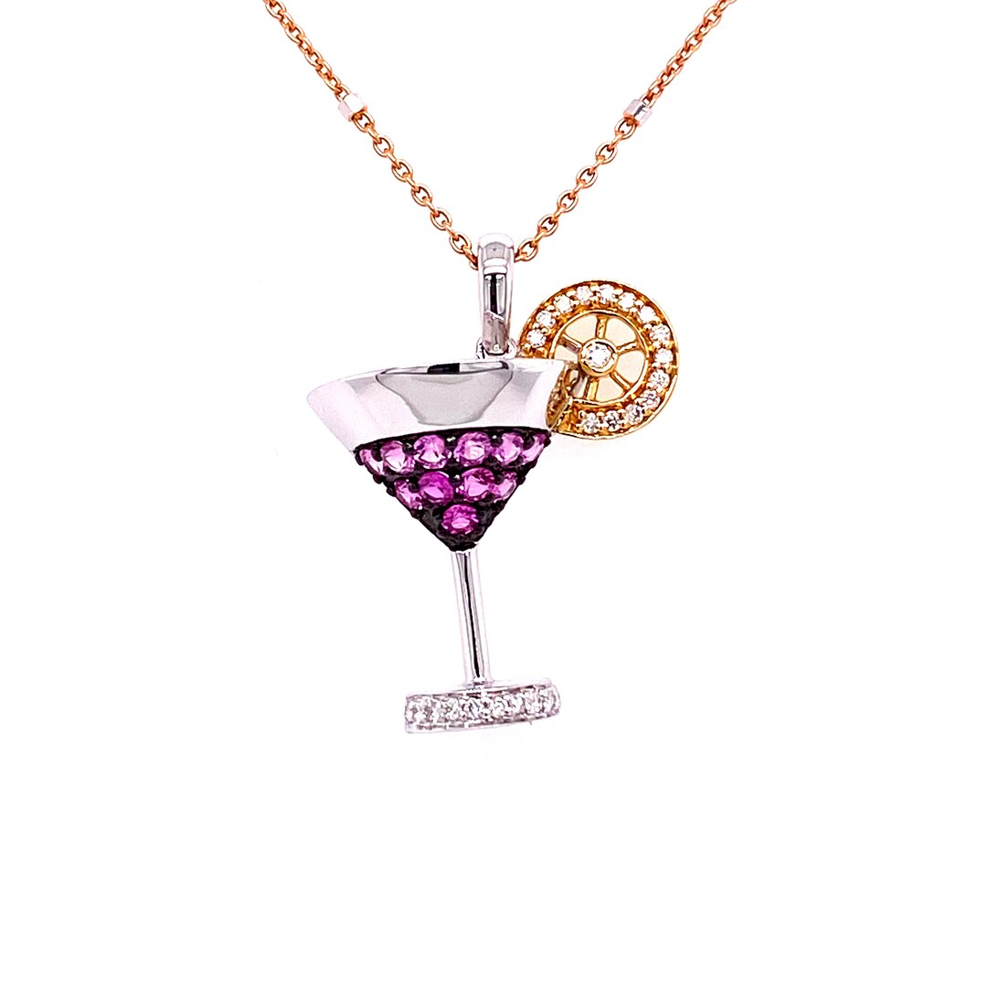 18k Martini Glass Cocktail Charm Pendant Necklace With Pink Sapphires ...