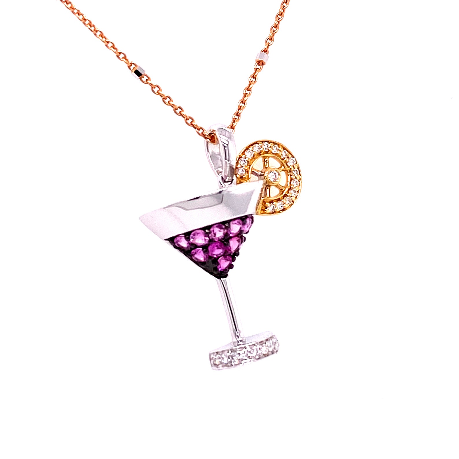 18k Martini Glass Cocktail Charm Pendant Necklace With Pink Sapphires ...