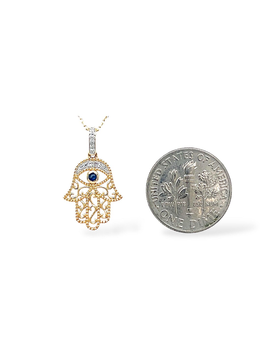 14k Gold Diamond Hamsa Hand Necklace With Sapphire Center / Intricate ...