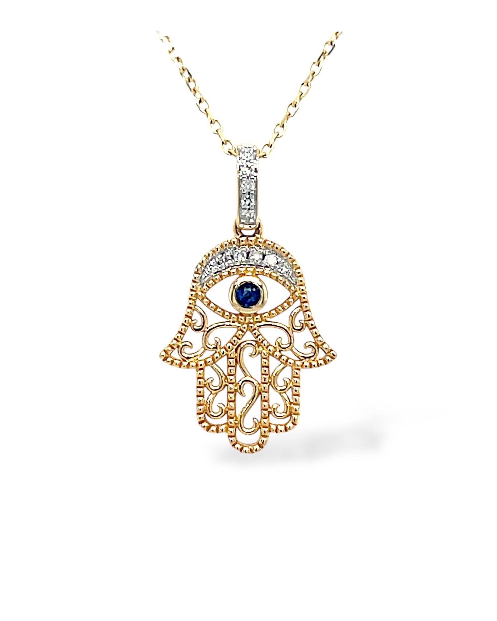 14k Gold Diamond Hamsa Hand Necklace With Sapphire Center / Intricate ...