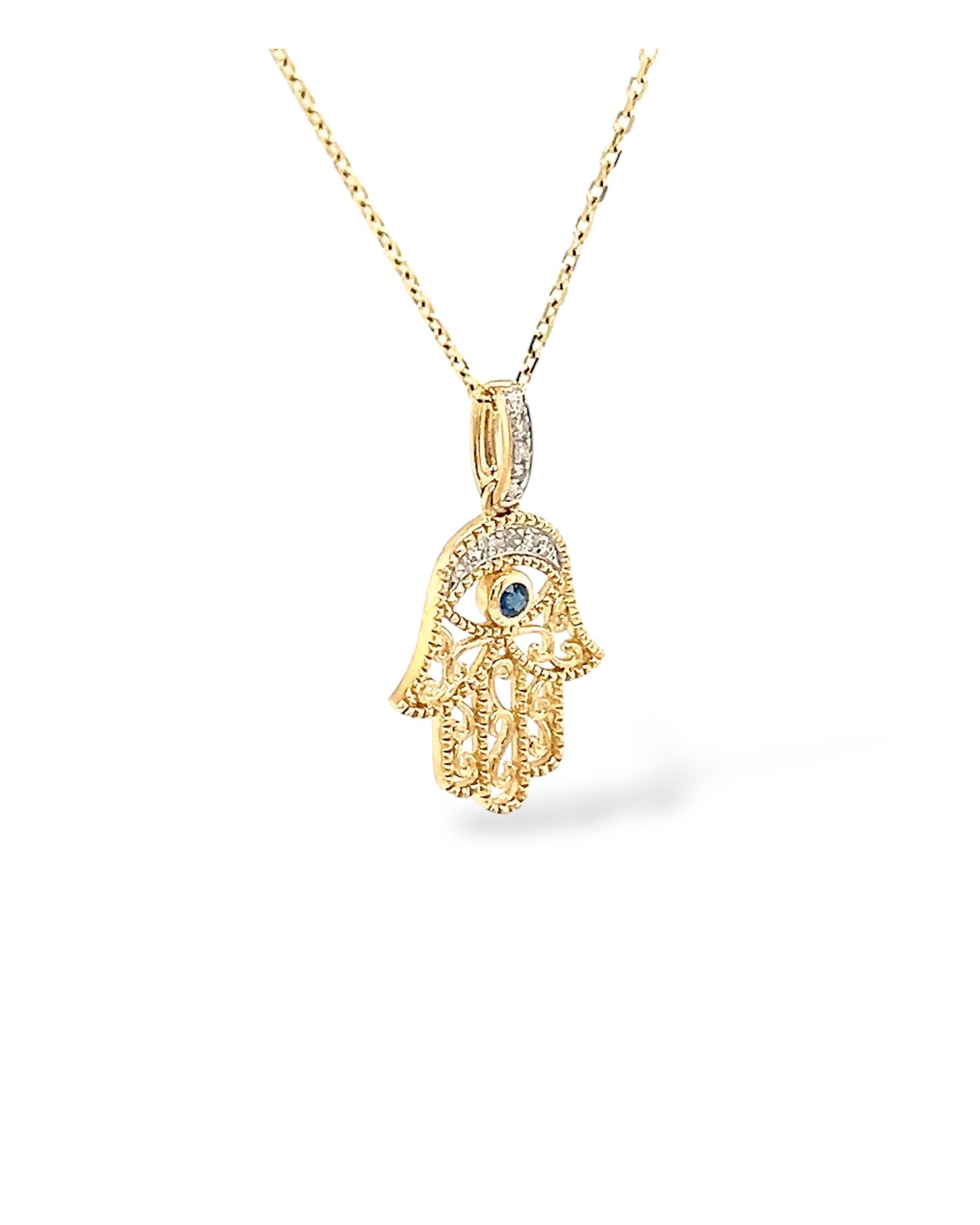 14k Gold Diamond Hamsa Hand Necklace With Sapphire Center / Intricate ...
