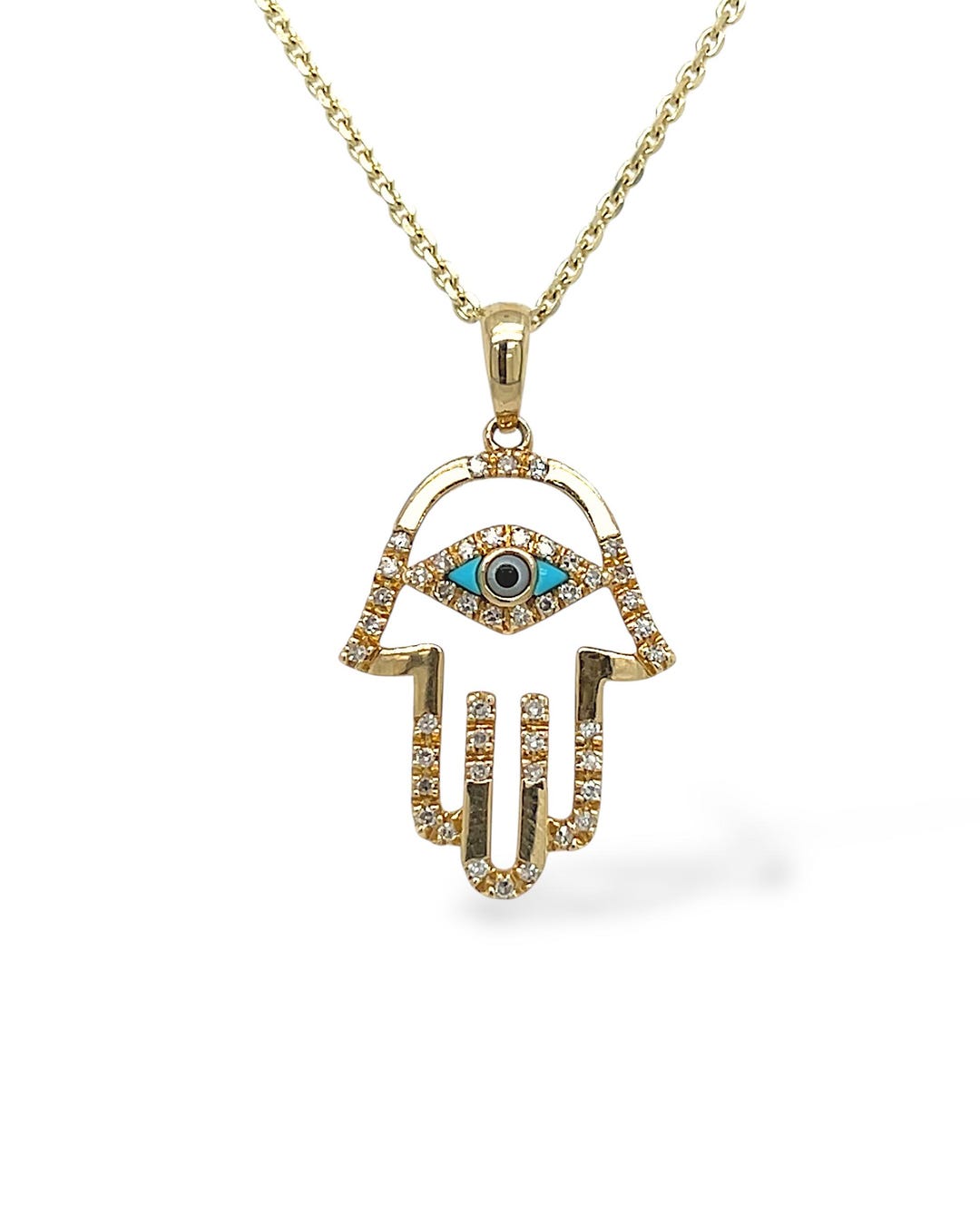 14k Gold Diamond Hamsa Hand of God Pendant With Turquoise Enamel Evil ...