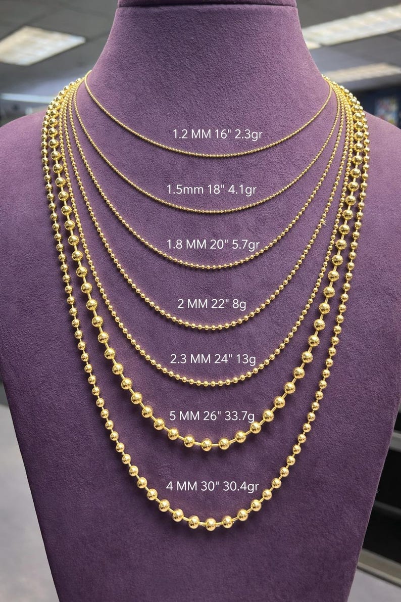14K Solid Gold Ball Chain Necklace: Italian Bead Chain / High Polish ...